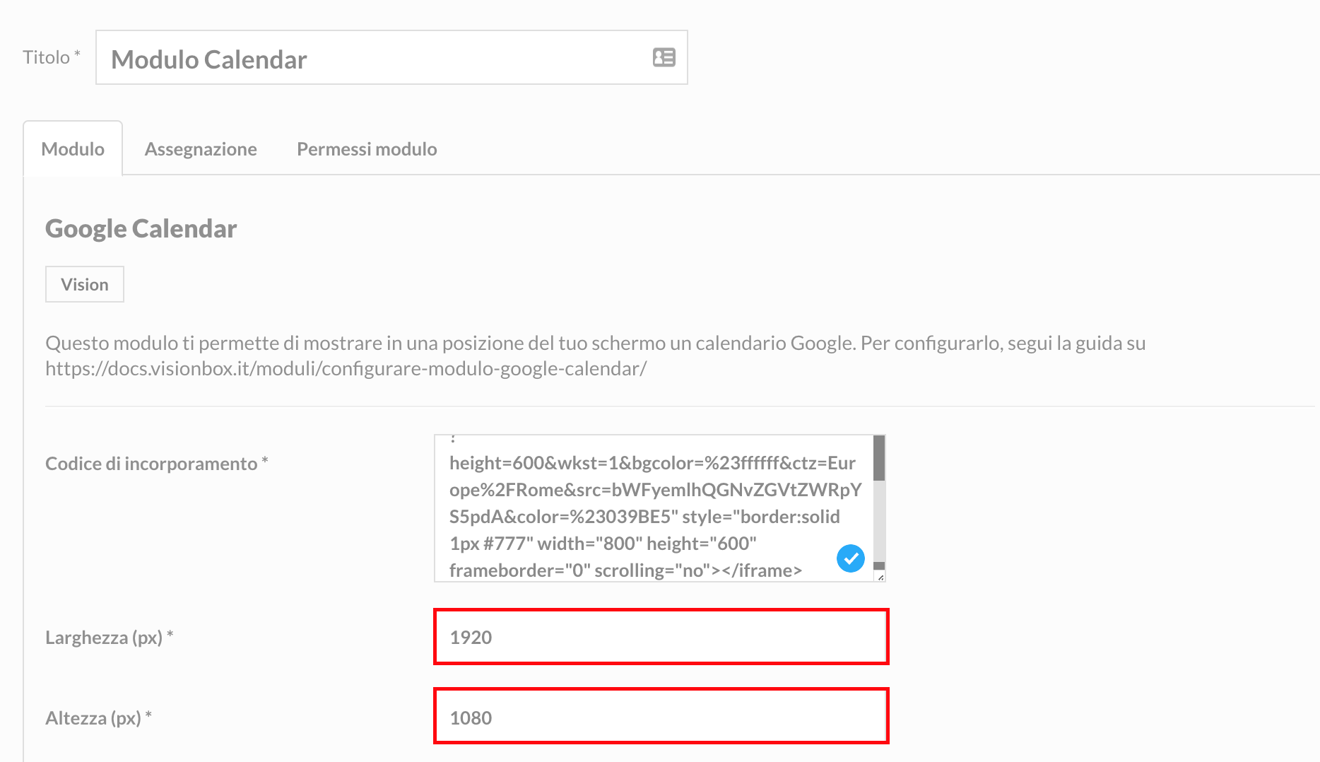 Configurare Modulo Google Calendar | Docs Visionbox
